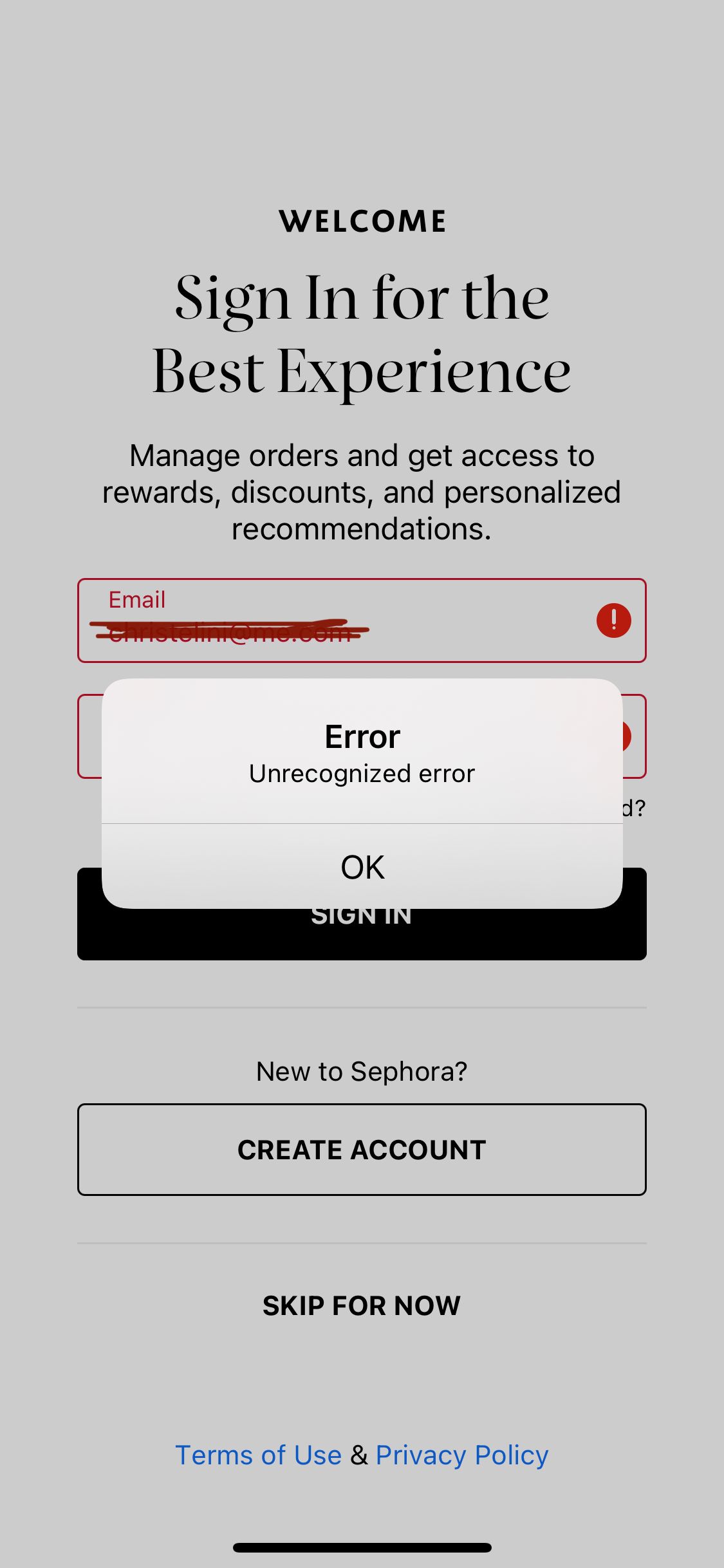 Cannot sign into app. Unrecognized error - Beauty Insider Community