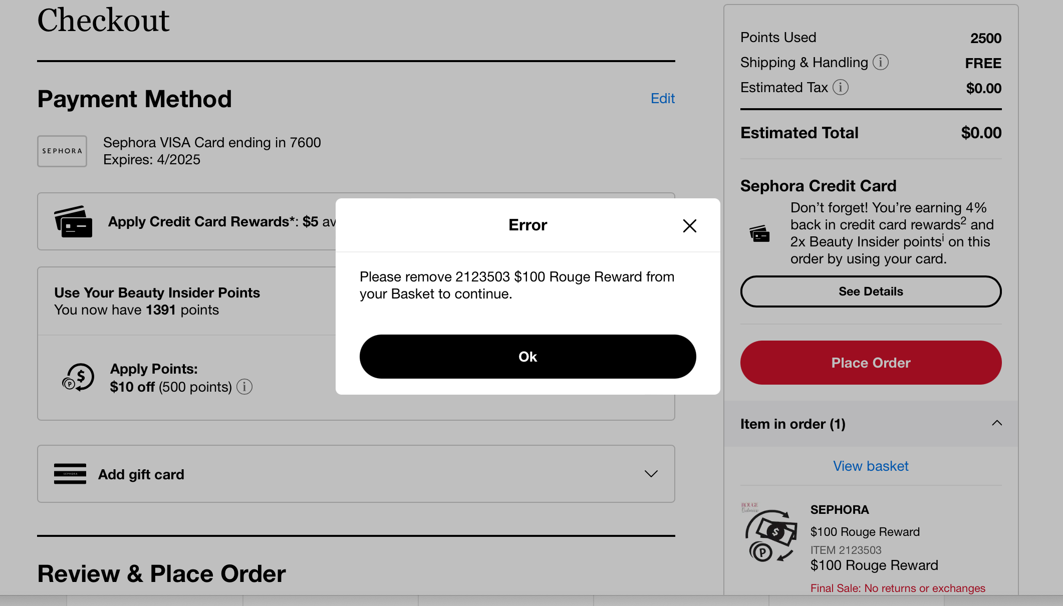$100 Rouge Reward Issue- Unable to check... - Beauty Insider Community